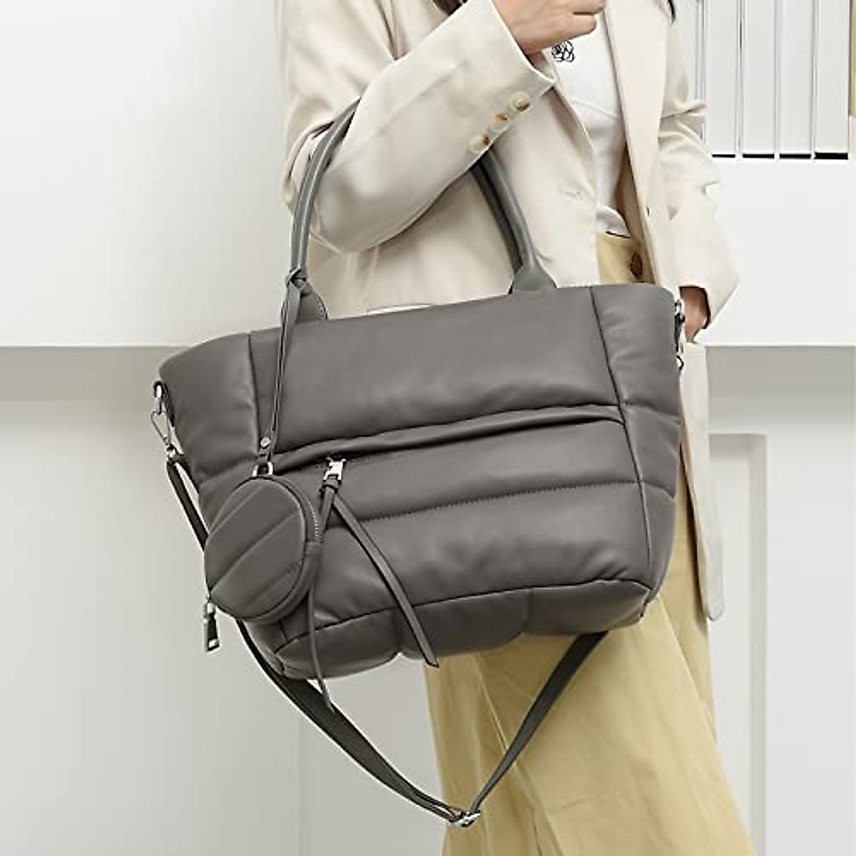 MYHOZEE Puffer Tote Bag, Large Padding Tote Handbags for Women Waterproof Quilted Crossbody Bags Gray