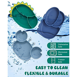 Maxdot 9 Pcs Baby Silicone Plates with Suction Divided Placemat Dish with Spoon Fork Set Toddler Plates Baby Plates and Utensils Set Kids Self Feeding Training Supplies, Dinosaurs, Crab, Hippo