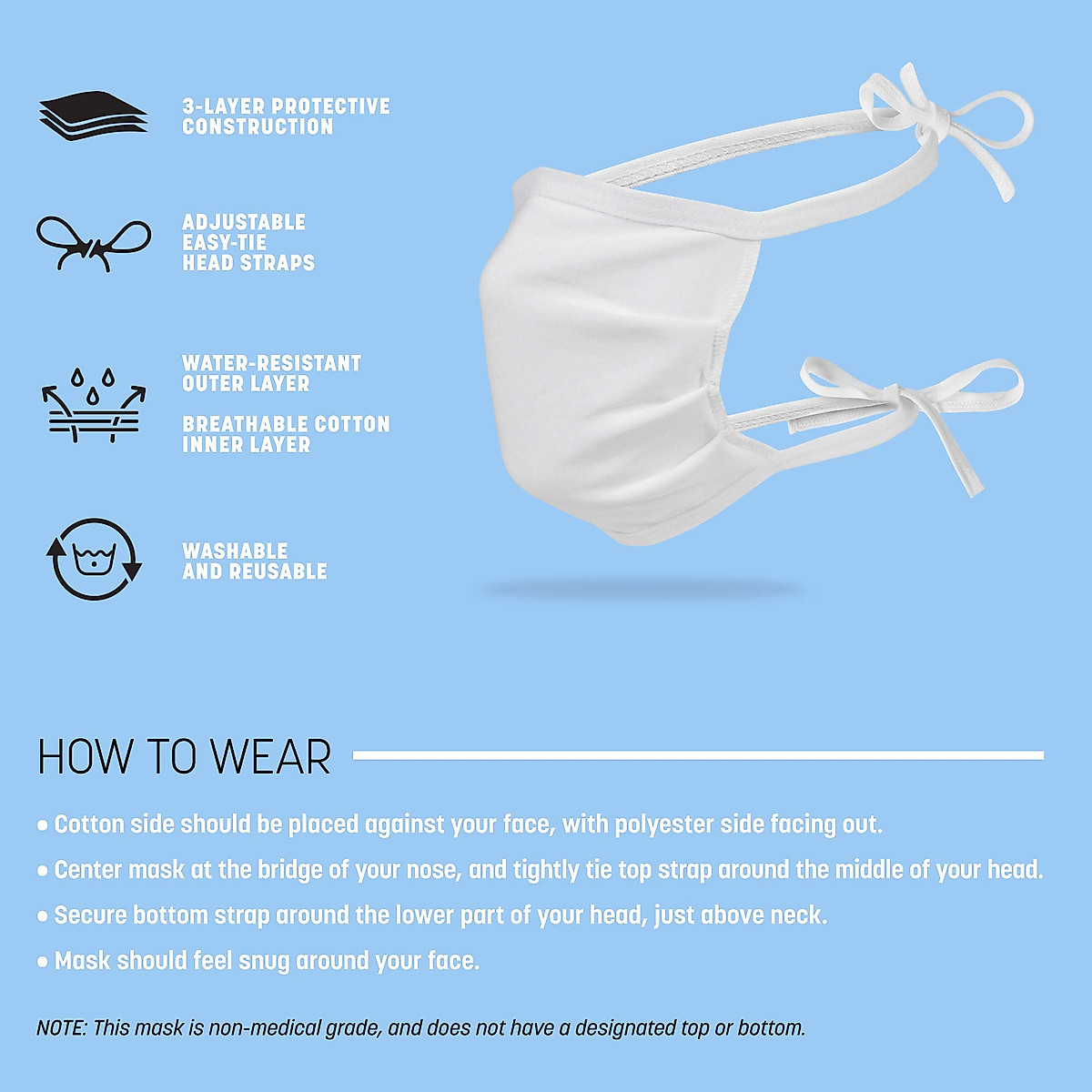 Gildan Adult Reusable 3-Layer Tie-On Cotton Face Mask (48 Pack), White (48 Pack), Adult: 6.5" x 7" (13" straps)