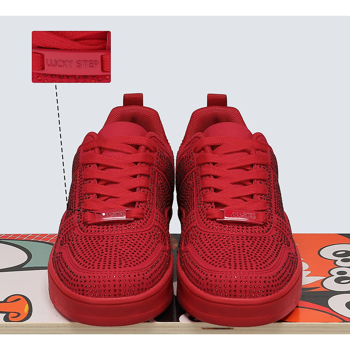 LUCKY STEP Women Fashion Sparkle Rhinestone Sneakers White Leather Low Top Tennis Shoes Lace Up Casual Comfortable Walking Shoe(Red Rhinestone,10B(M) US)