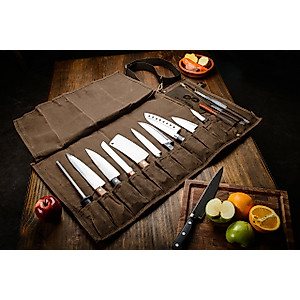 EVERPRIDE Waxed Canvas and Leather Chef Knife Roll Bag – Chef Bag Holds 10 Knives up to 18” PLUS Pocket for Cooking Accessories – Durable Knife Case for Professional Chefs – Knives Not Included