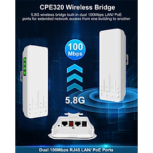 Wireless Bridge Point to Point Outdoor,5.8GHz 100Mkbps CPE Outdoor WiFi Network Extender, Long Range Access Point with High Gain Antenna for Starlink Satellite Internet or Video Surveillance 2-Pack