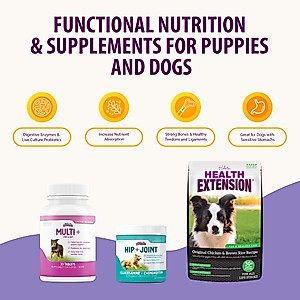 Health Extension Supplements Bundle - Dry Dog Food Chicken & Brown Rice Recipe (4 lbs), Joint & Hip Supplement Cheese Flavored Powder (8oz), Multivitamin (30 Tablets) - Complete Nutrition for Dogs