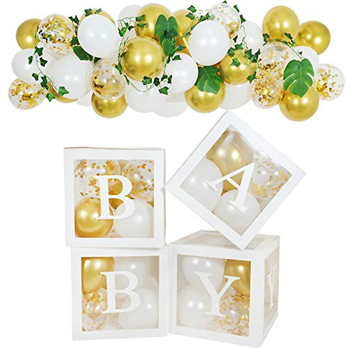 Baby Shower Balloon Boxes Party Decorations, Oh Baby Party Balloon Boxes White and Gold Balloons Palm Leaves Ivy Garland for Oh Baby Shower Party Decorations Boy Girls