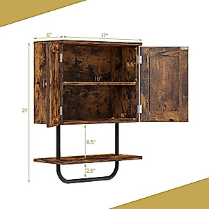 Tangkula Wall Mounted Bathroom Cabinet, 2 Doors Wooden Space Saving Medicine Cabinet with Open Shelf and Towel Bar, Multifunctional Over The Toilet Storage Organizer Kitchen Cupboard (Rustic Brown)