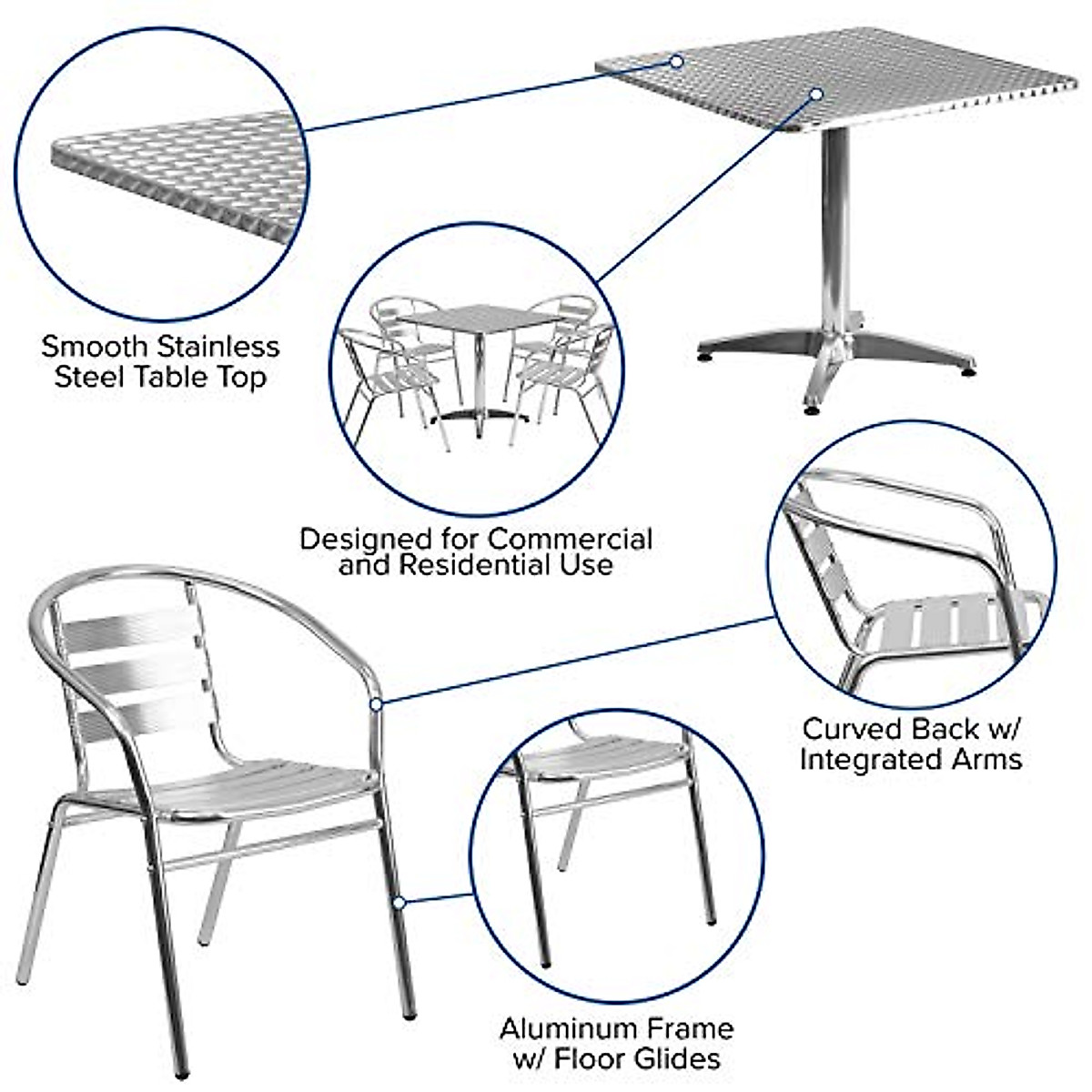Flash Furniture 31.5'' Square Aluminum Indoor-Outdoor Table Set with 4 Slat Back Chairs