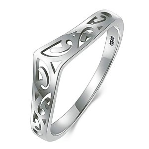 925 Sterling Silver Ring，BoRuo Filigree Thumb Chevron High Polish Comfort Fit Band Ring Size 9