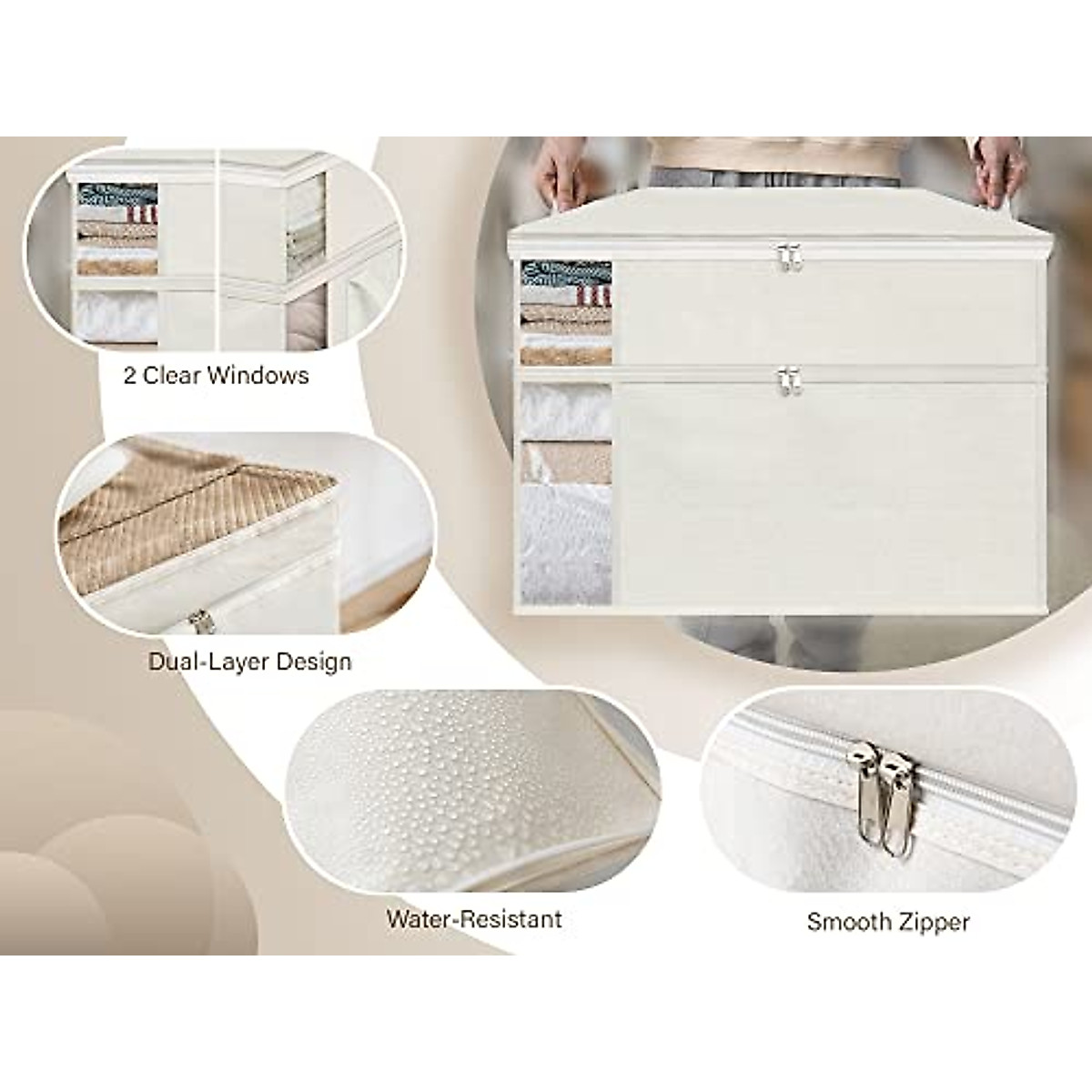 StorageWorks 135L Large Storage Bags, Storage Containers for Clothes, Blanket Storage Bags with Dual Zipper, Clear Window Storage Bins, Beige, 2-Pack