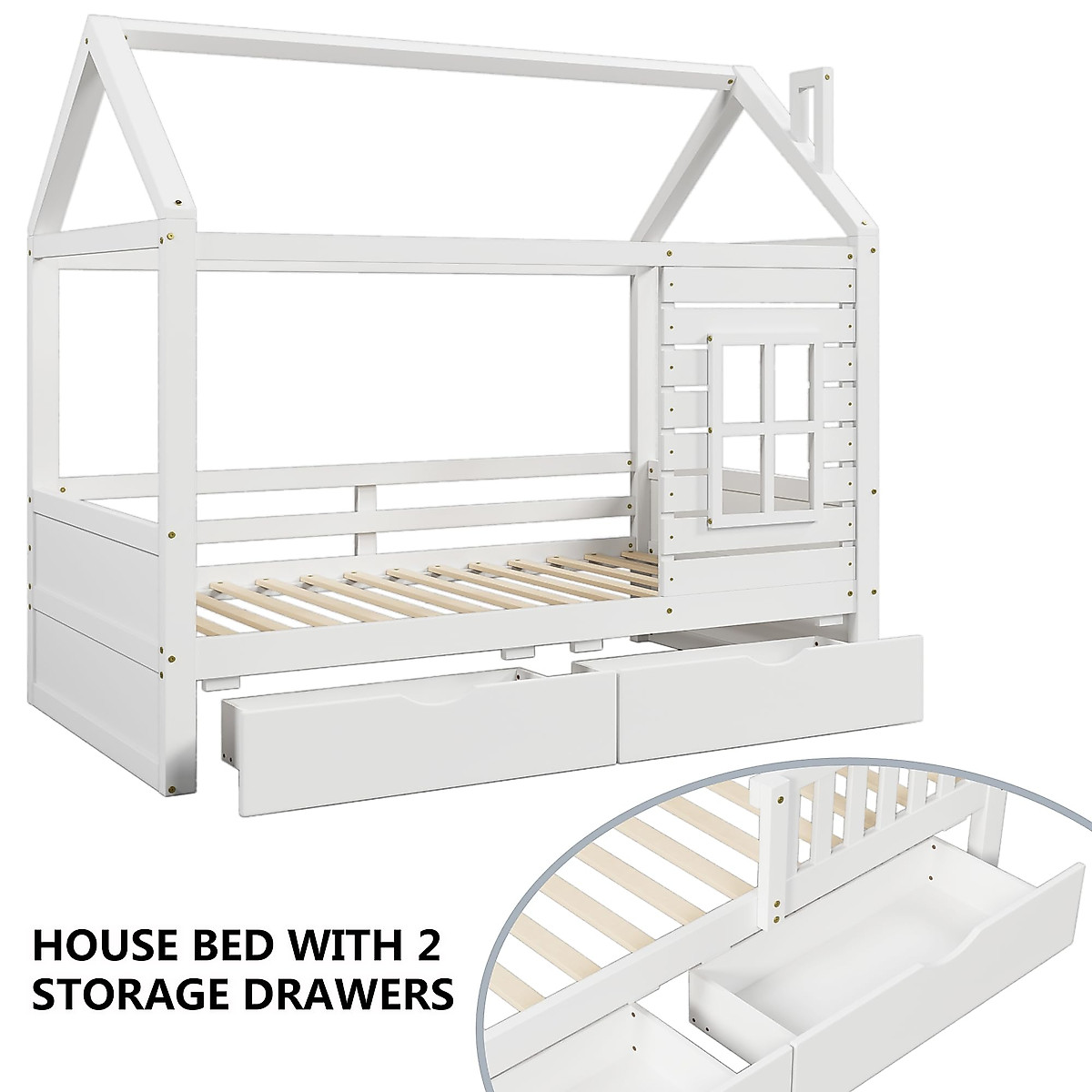 Aoowow Twin Size Kids House Bed with 2 Drawers, Wooden Platform Twin Bed Frame with Window and Roof for Bedroom, Modern Twin Size Kid Playhouse Bed with Slats for Boys Girls, Can be Decorated, White