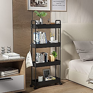 SOLEJAZZ Slim Storage Cart, 4 Tier Bathroom Organizer Mobile Shelving Unit, Rolling Utility Cart Slide Out Organizer for Kitchen, Bathroom, Laundry, Narrow Places, Black