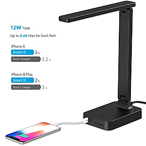 Drevet LED Desk Lamp, Desk Light with 1 USB Charging Port and 2 AC Power Outlet, 3 Lighting Modes, 3 Level Brightness,1H Timer, Touch Control, Eye-Caring Home Office Foldable Table Lamp (Black)