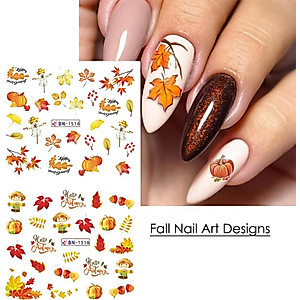 Fall Nail Art Stickers Thanksgiving Nail Decals Maple Leaf Turkey Water Transfer Nail Sticker Autumn Design Nail Art Supplies Acrylic Nail Accessories for Women Girls Thanksgiving Day Nail Decoration
