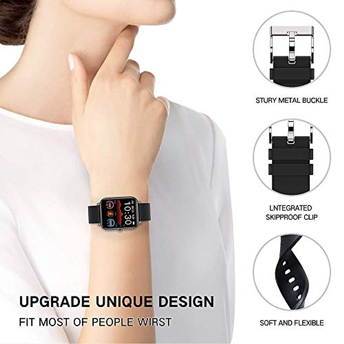 Donerton Smart Watch Bands, Man Adjustable Replacement Bands Silicone Watch Straps, Soft Silicone Hole Wristband Flexible Soft Strap Wristband Accessory P22 Smart Watch, 20mm, Black