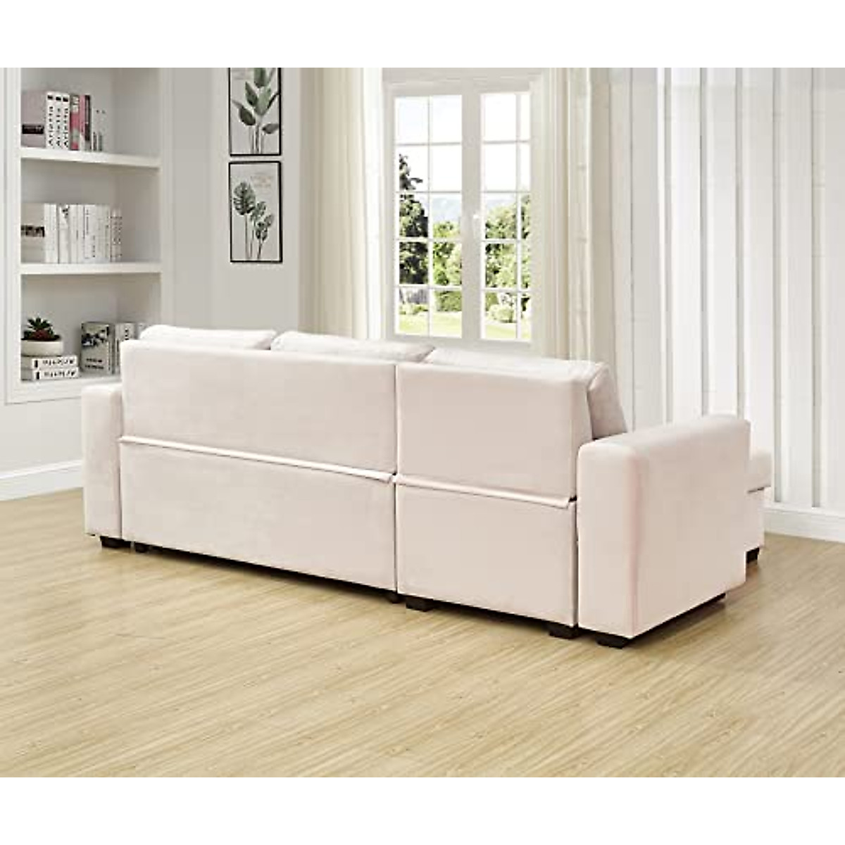 Legend Vansen 91" Wide Reversible Sofabed Sectional Sofas with Chaise，Velvet Storage L-Shape Twin Size for Living Room Couch Sleeper, Cream