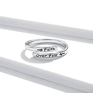 925 Sterling Silver Rings Inspirational Jewelry for Women Faith Cross Ring Gifts for Daughter Teen Girls Friend Faith Over Fear Wrap Open Ring Adjustable (Faith over fear)
