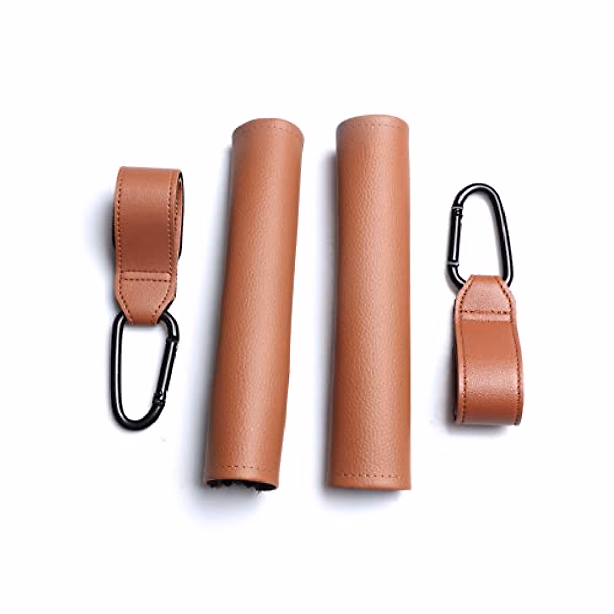 2Pcs Leather Handlebar Cover with Removable Zipper for Bugaboo Cameleon 1 2 3 Plus Pram Accessories and 2Pcs Universal Stroller Hooks for Hanging Bags and Shopping, Brown