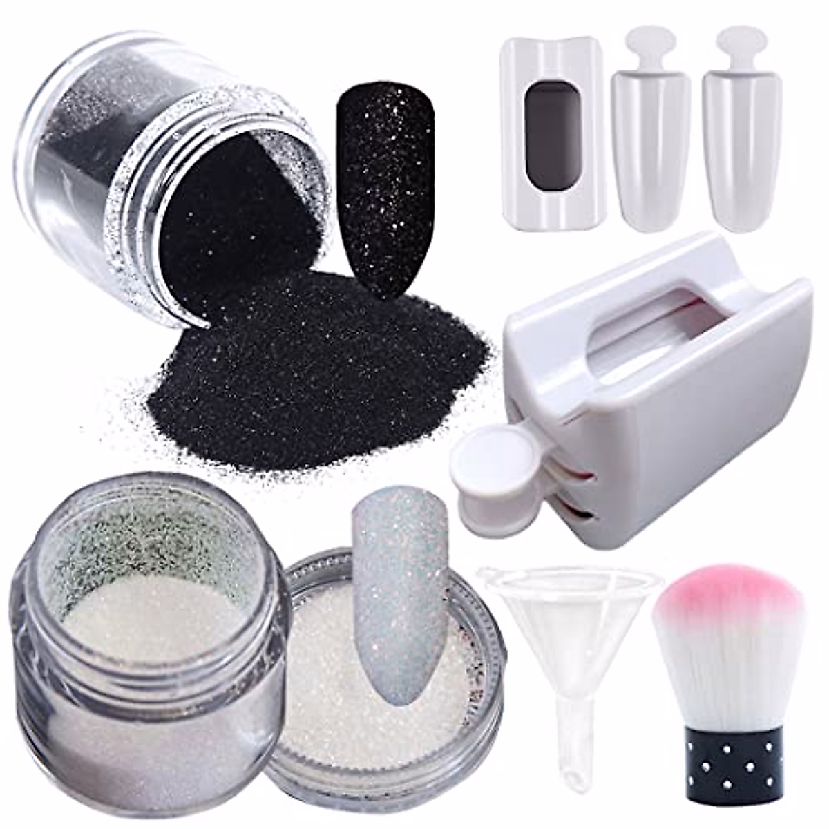 2 Boxes Holographic Nail Glitter Powder White Black Shining Sugar,1 Pieces Dip Powder Recycling Tray System Dip Case,1PCS Soft Nail Art Powder Brush Funnel,Nails Art Decoration DIY Crafts