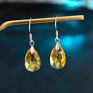 Teardrop Austrian Crystal Drop Dangle Earrings for Women 925 Sterling Silver Hook Hypoallergenic Earring (Yellow)