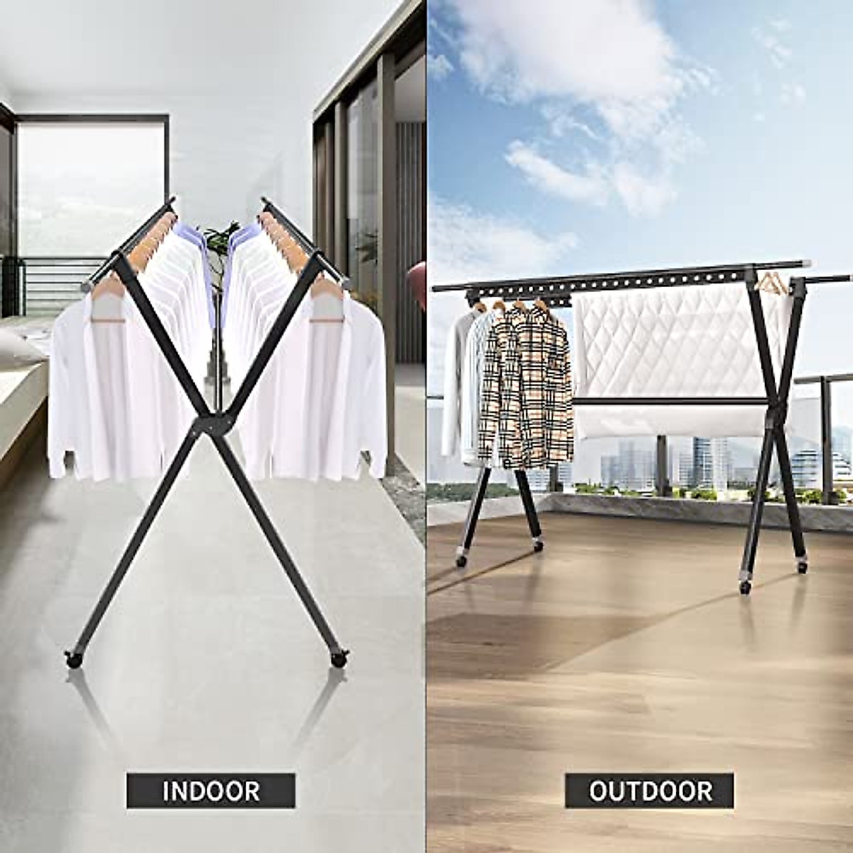 HWAJAN 90 Inches Folding Clothes Drying Rack Indoor Outdoor-Aluminum Collapsible Clothing Drying Racks for Laundry-Heavy Duty Foldable Clothes Dryer Rack with 42 Windproof Hooks,Large,Black