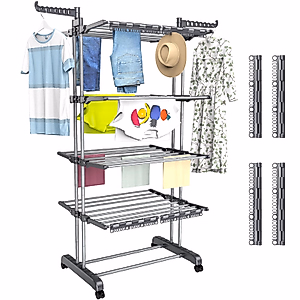 5 Tier Clothes Drying Rack Oversized, Foldable& Adjustable Height Rolling Clothes Rack Stainless Steel with 4 Castor, 32 Drying Poles,14 Hook& 4 Sock Clippers, Drying Rack Clothing for Indoor& Outdoor