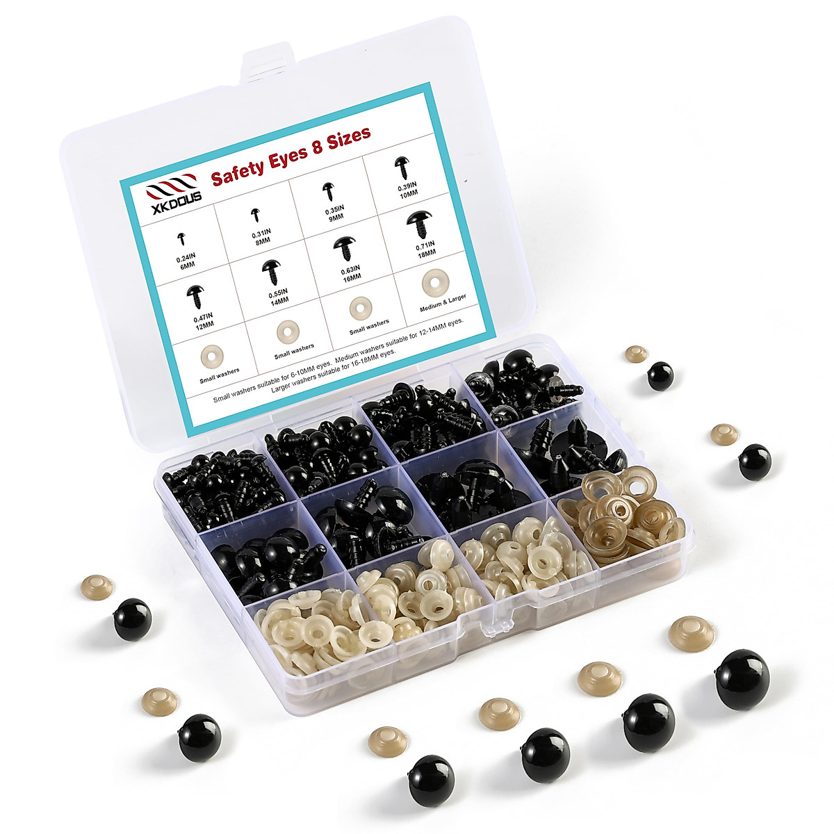 XKDOUS 260PCS Plastic Safety Eyes with Washers, 6-18 mm, 8 Sizes Safety Eyes for Crochet Crafts, DIY Crafts, Stuffed Animals