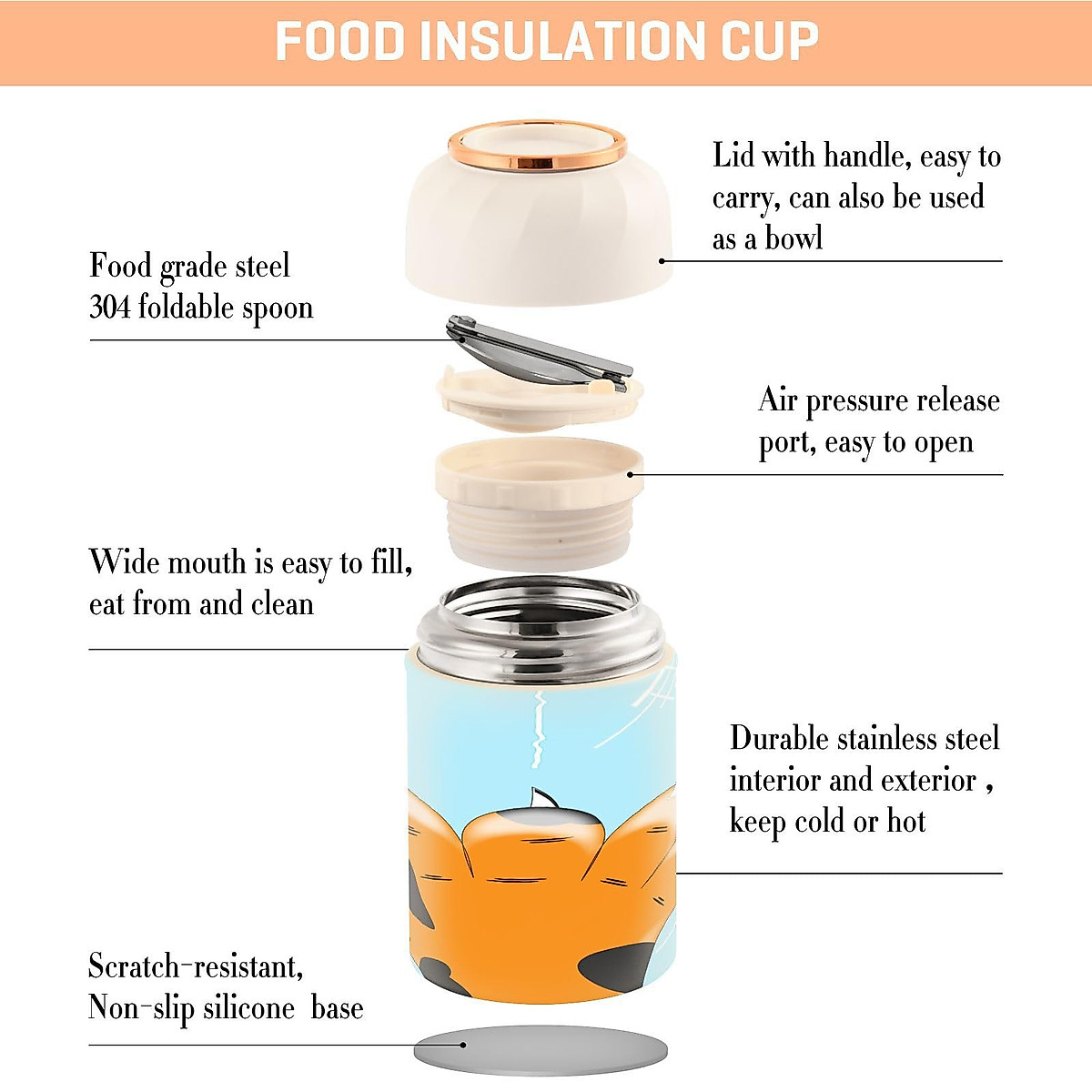 CUPADA Tiger Paw Food Jar for Hot and Cold, Cartoon Glass Insulated Food Jars Vacuum 17OZ with Folding Spoon for Work Trip Picnic Camping