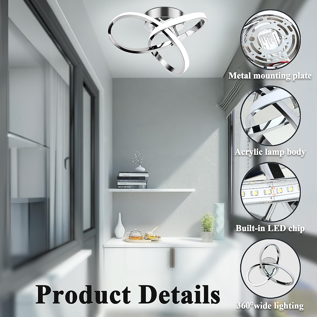Acrylic LED Ceiling Light Fixture 2400LM Super Bright, Modern Hallway Light Fixture Ceiling Mount, Daylight White Close to Ceiling Light, Dimmable Ceiling Lamp for Bathroom Kitchen Bedroom Living Room