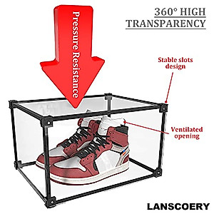LANSCOERY Shoe Storage Box Stackable Shoe Organizer, Clear Acrylic Foldable Shoe Storage Containers Display Case with Magnetic Side Opening Door for Sneakers, Booties, Pumps, Flats, Heels, Set of 1