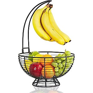 REGAL TRUNK & CO. Large Fruit Basket With Banana Hanger for Kitchen, Rustic French Farmhouse Fruit Bowl with Banana Holder Tree, Removable Banana Holder Fruit Basket, Ideal for Fruit and Vegetables