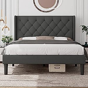 Feonase Upholstered Queen Bed Frame with Wingback, Platform Bed with Diamond Tufted Headboard, Heavy Duty Bed Frame, Wood Slat, Easy Assembly, Noise-Free, No Box Spring Needed, Dark Gray