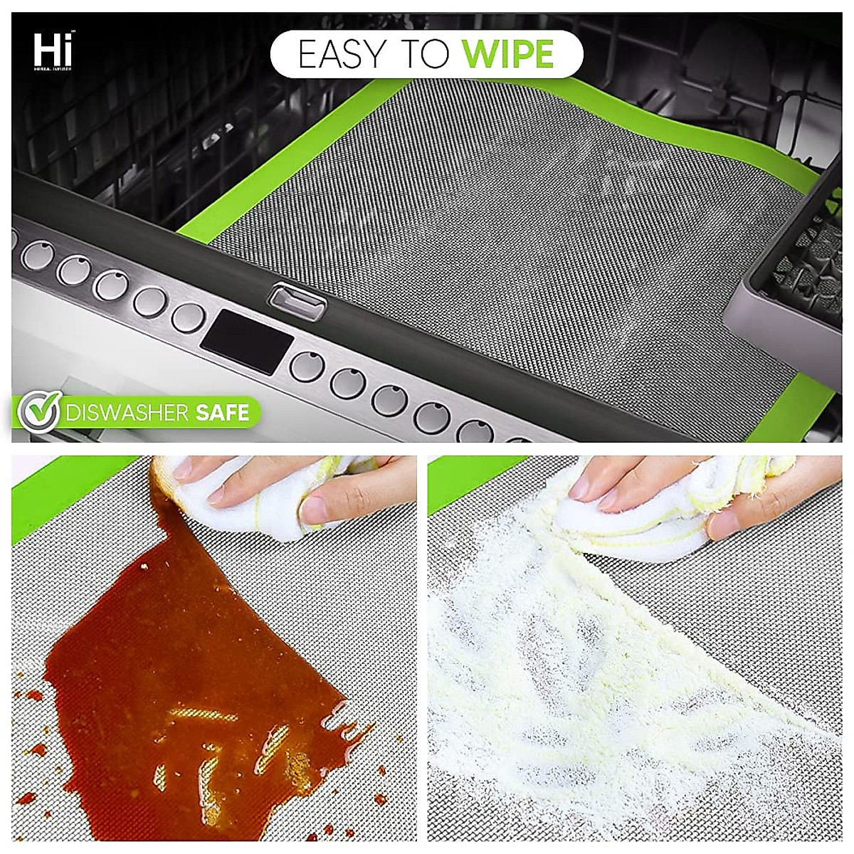 Set of 2 HI Silicone Baking Mats, Baking Mats Silicone for Oven Baking, Silicone Mats heat resistant up to 4800F, Baking Mats measures (11-5/8 by 16-1/2) inches each