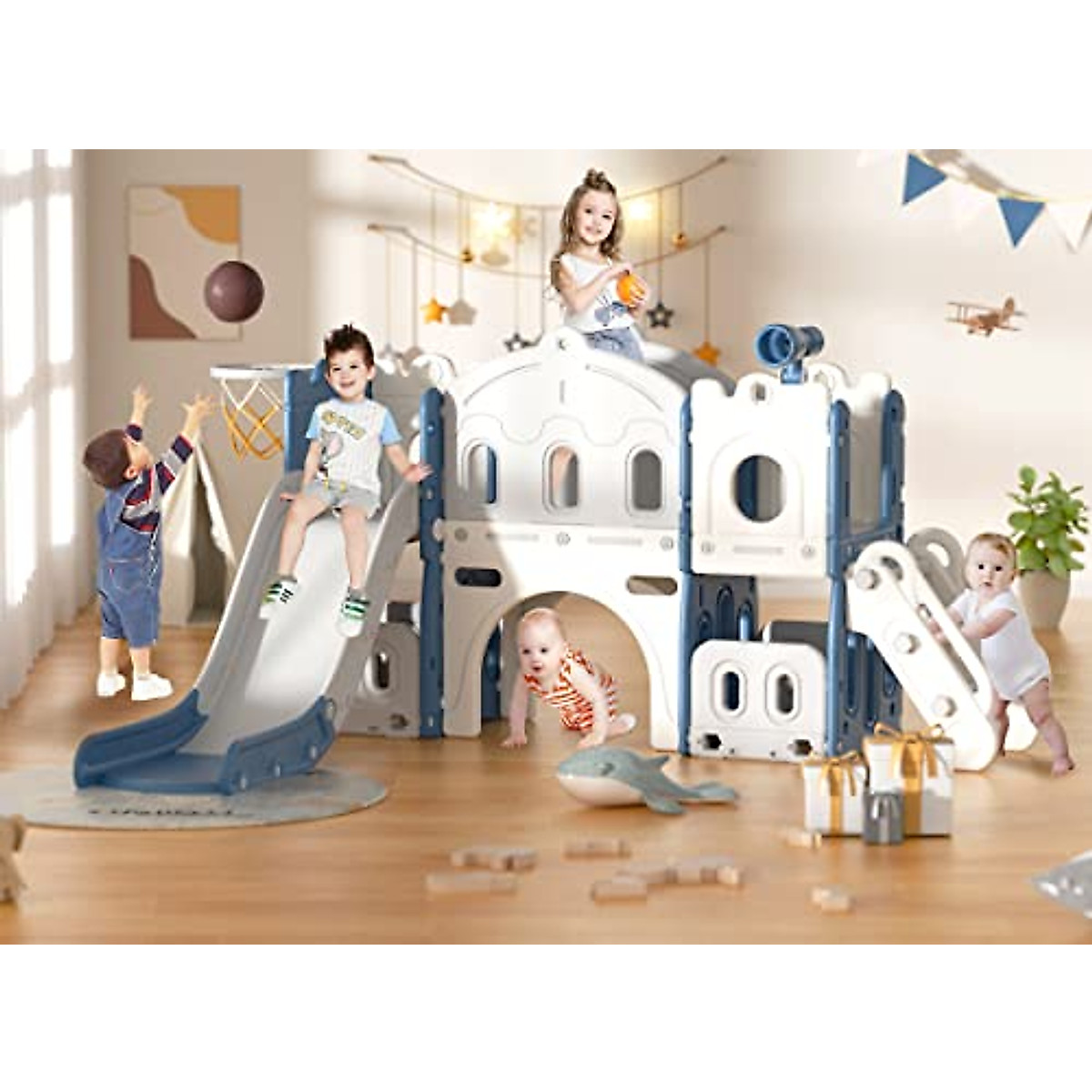 XJD 7 in 1 Toddler Slide Set, Kids Slide for Toddlers Age 1+, Toddler Climber Slide PlaySet with Basketball Hoop and Ball,Outdoor Indoor Playground for Toddlers 1-3 (Blue)