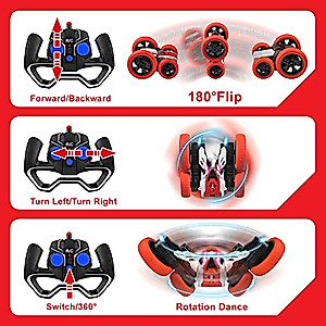 RC Stunt Car for Kids - OWNONE Double Side Remote Control Car for Boys, 360°Flips Rotating Stunt Car with LED Lights, 4WD 2.4Ghz Rechargeable Stunt Remote Control Car Toy (Red)