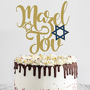 Mazel Tov Cake Topper Gold Glitter Jewish Birthday Chanukah Holiday Cake Decoration Hebrew Congratulations Hanukkah Star of David Party Supplies