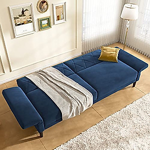 HONBAY Convertible Futon Bed Velvet Sleeper Sofa Tufted Couch Bed with Adjustable Armrests for Apartment, Blue