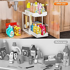 2 Pack Under Sink Organizer，Bathroom Cabinet Organizer, 2 Tier Sliding Cabinet Organizer Drawer with 8 Hooks Pull Out Cabinet Organizer Multi-Purpose Organizer for Bathroom Kitchen (White x 1)