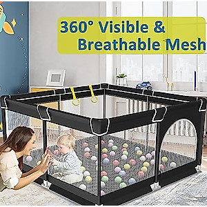 GIFTBRI Baby Playpen for Toddler, Baby Playard, Playpen for Babies with Gate,Indoor & Outdoor Playard for Kids Activity Center,Sturdy Safety Play Yard with Hand Rings(Black,50”×50”)