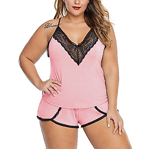 XAKALAKA Women Plus Size Pajamas Cami Shorts Set Nightwear Sexy Lace Lingerie Sleepwear Pink XXXL