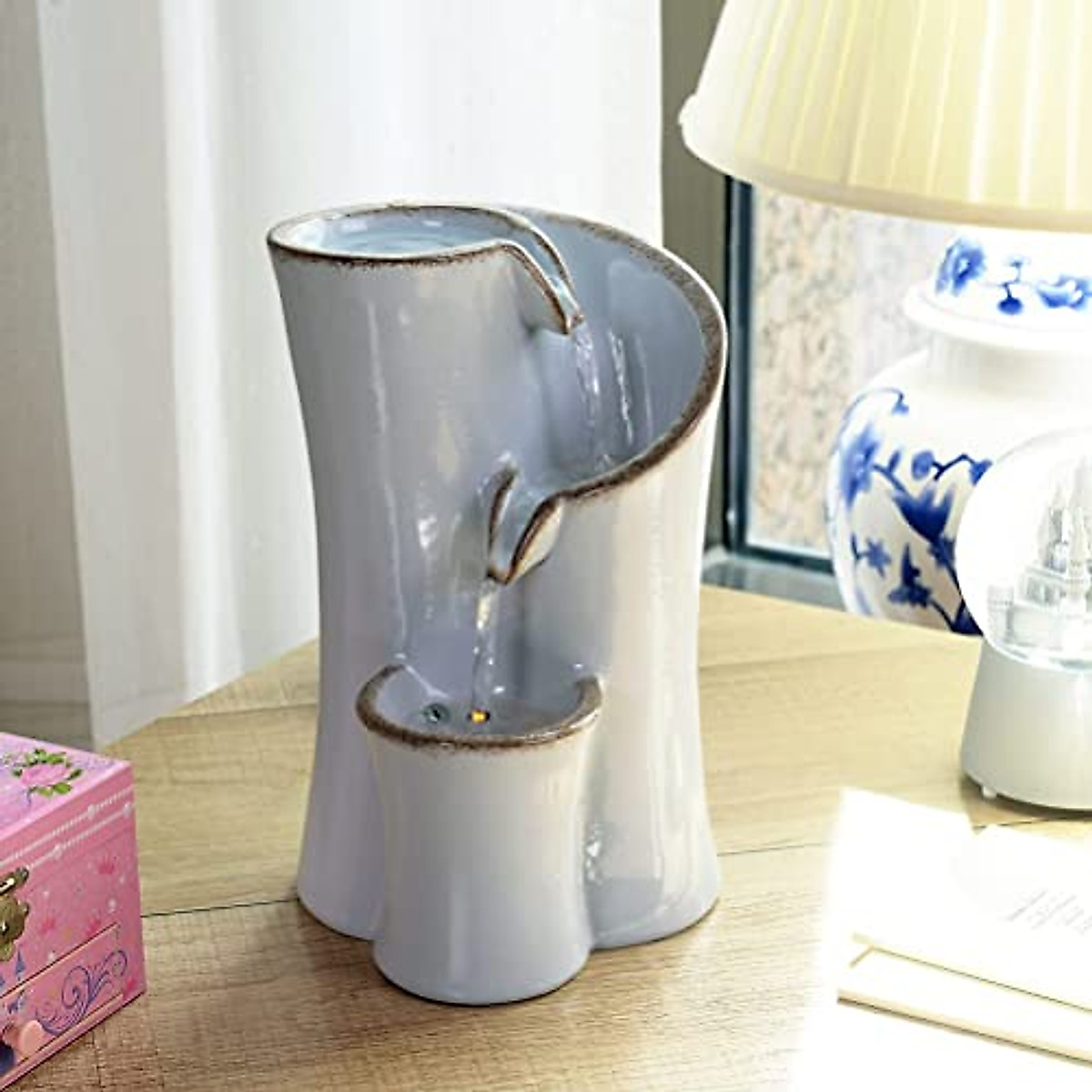 Indoor Water Fountain Imitation Ceramics Appearance Tabletop Fountain Relaxation Desktop Waterfall Fountain w/ 3 Reflective led, 9.8 Inch Tall Fountain (Grey)