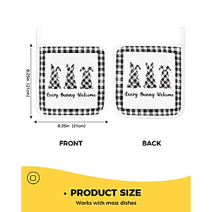 2 Pack Pot Holders for Kitchen,Spring Bunny Black White Buffalo Lattice Pink Love Easter Heat Proof Potholder Hot Pads Trivet,Rabbit Welcome Quote Washable Coaster Potholders for Cooking Baking