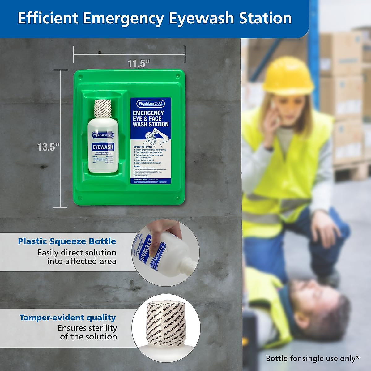 PhysiciansCare Wall-Mountable Eyewash Station with Single Bottle of Eye Wash Solution, 16 oz