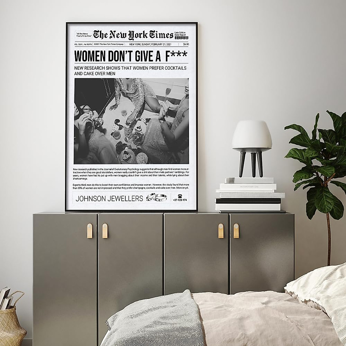 OPPQRRS Vintage Black White Canvas Wall Art, Trendy Girly Newspaper Dorm Aesthetic Poster, Funky Disco Ball Cocktail Prints, Humor Women Party Cake Pictures 12x16in Unframed