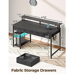 Rolanstar Computer Desk with Power Outlets & LED Light, 47 inch Home Office Desk with 3 Drawers and Storage Shelves, Writing Desk with Monitor Stand, Modern Work Desk for Home Office, Carbon Black