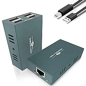USB Extender Over Ethernet RJ45 LAN Extension, with 4 USB 2.0 Ports, Transmit 50m/165ft Over Ethernet Cat5/5e/6/7, Support Power Over Cable, Play and Plug, No Driver Required
