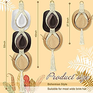 Tondiamo 3 Pieces Boho Hat Hangers Macrame Hat Organizer Wall Hanging Cowboy Hat Rack Decorative Hand Weaving Hat Holder Organizer for Wide Brim and Fedoras Sun Hat Baseball Caps Display, 3 Styles