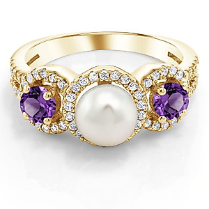 Gem Stone King 18K Yellow Gold Plated Silver Round Purple Amethyst and Cultured Freshwater Pearl Ring For Women (1.30 Cttw, Gemstone Birthstone, Available In Size 5, 6, 7, 8, 9)