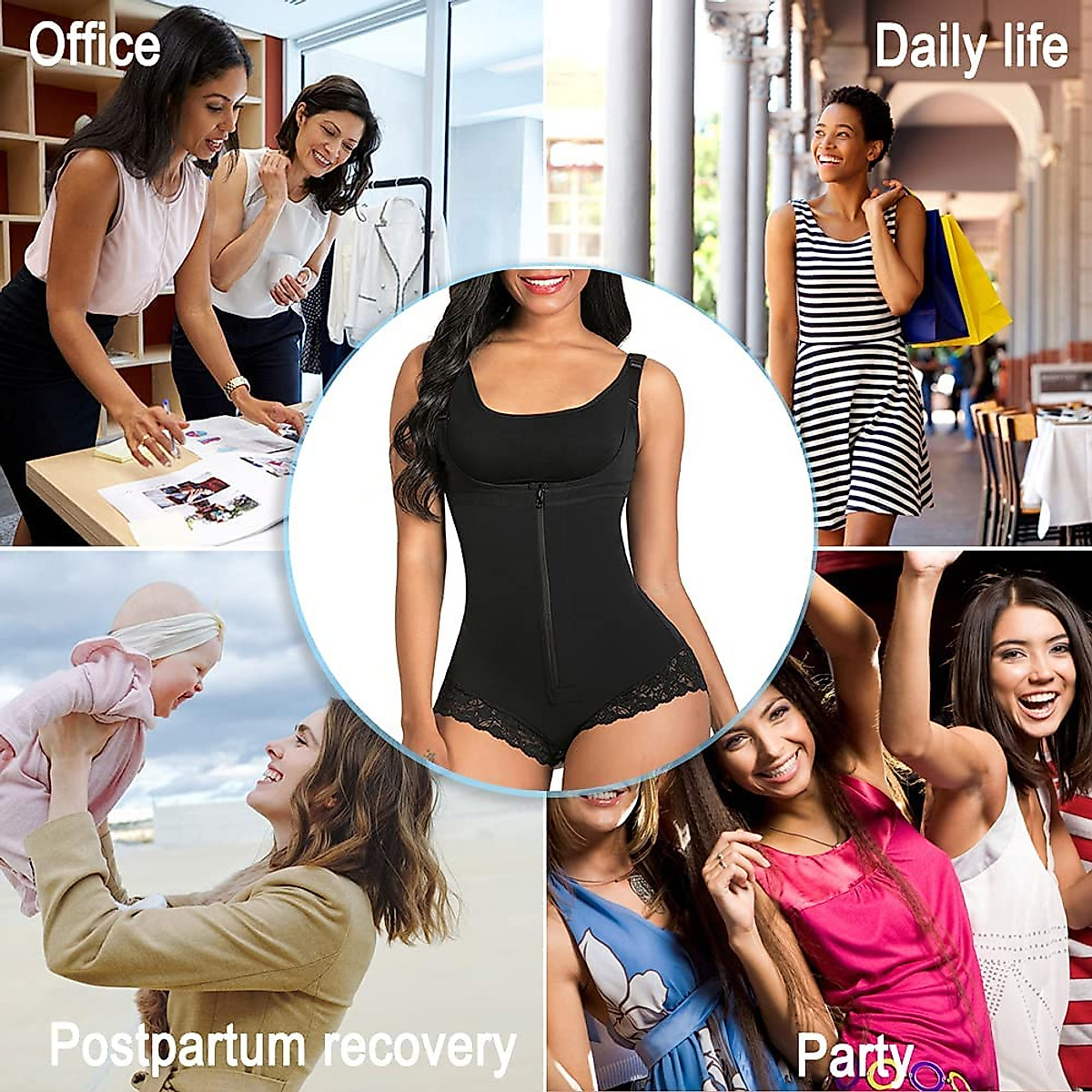 SHAPERX Women Shapewear tummy control Fajas Colombianas Body Shaper Zipper Open Bust Bodysuit,SZ7200-Black-L