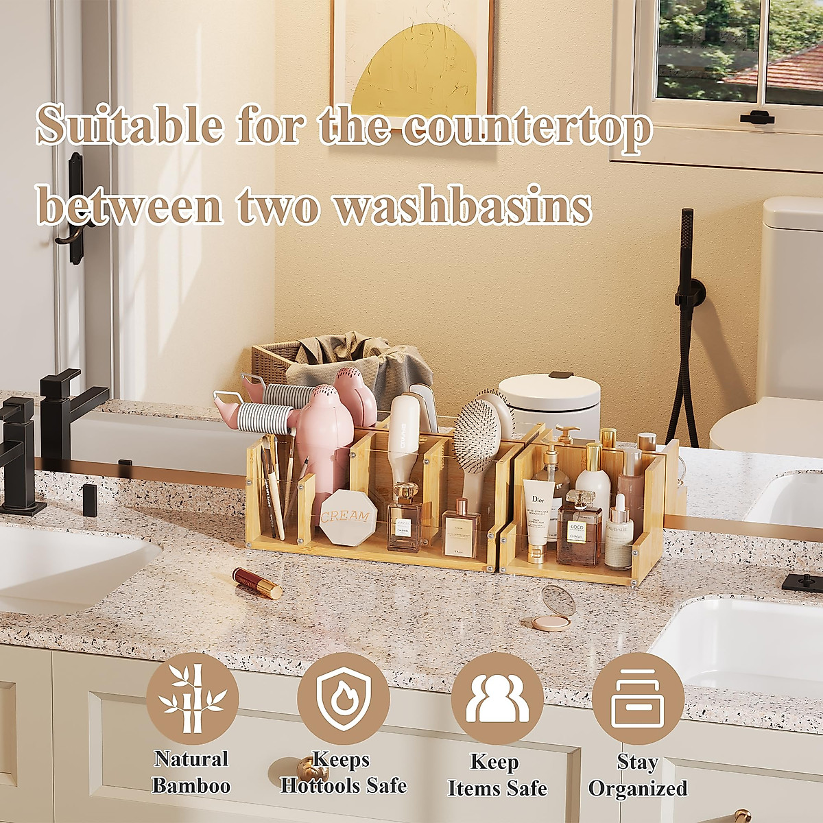 LUMAMU Bamboo Bathroom Organizer with Acrylic Panels, Corner Countertop Storage for Hair Dryer, Cosmetics, and Toiletries, Multipurpose Vanity Caddy for Home, Makeup, and Bathroom Essentials