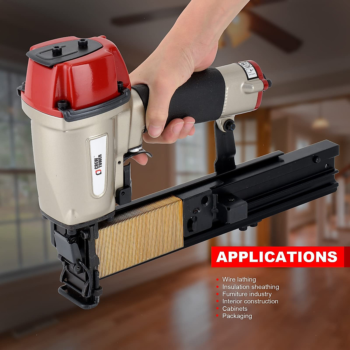 CREWTOWER Construction Stapler, 16 Gauge 15/16-inch Wide Crown, Pneumatic Air Staple Gun for Fence Wire Wood Lathes Slats Furniture Frames Pallets and Finish, Heavy Duty