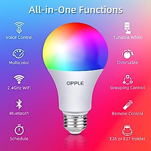 OPPLE Smart Light Bulbs, 60W Equivalent WiFi Bluetooth Dimmable LED RGB Light Bulbs, Full Color Changing Smart Light Bulb Compatible with Alexa & Google Assistant, 9W 800 Lumens 2.4 GHz, Wi-Fi, 2 Pack